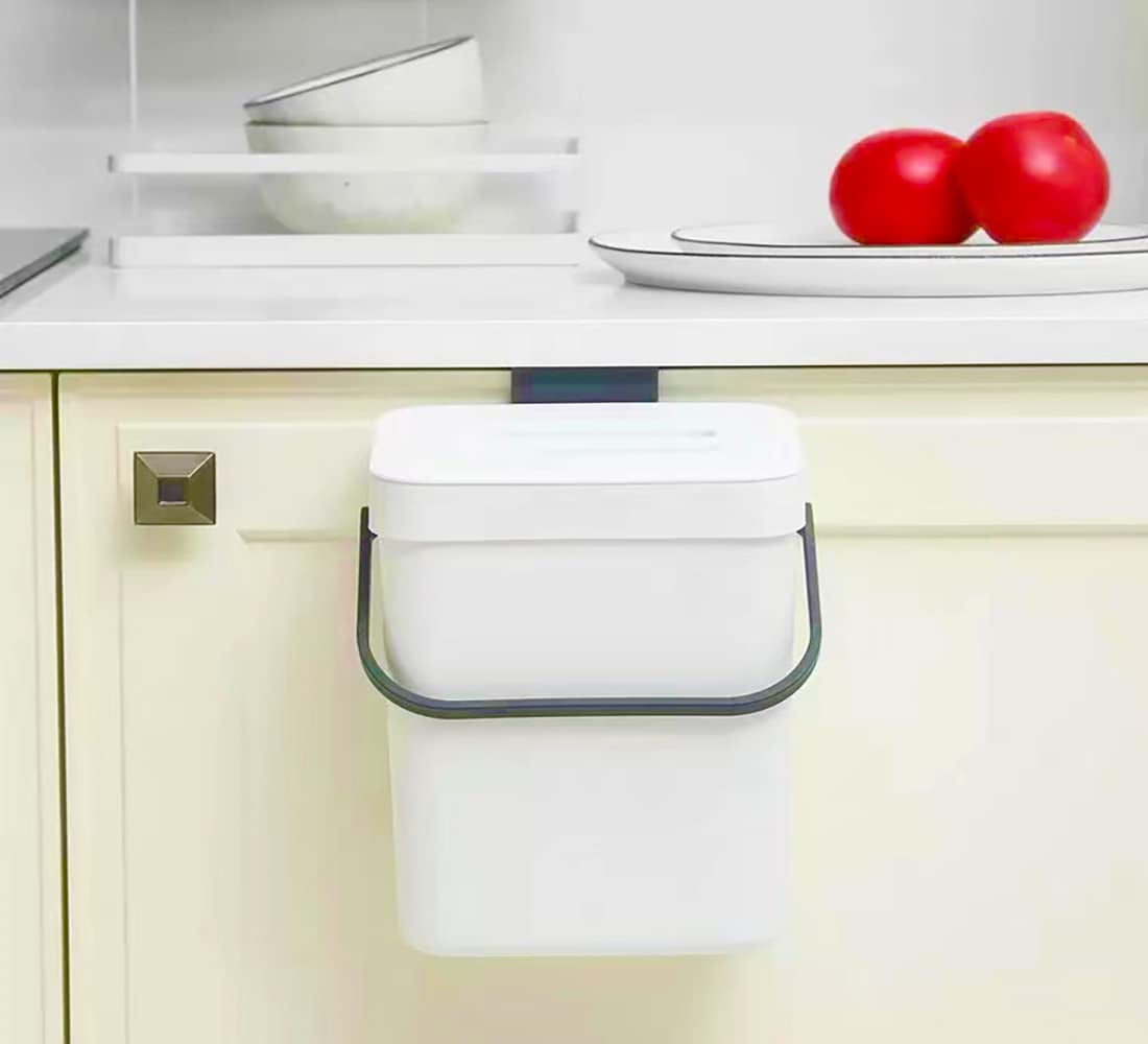 Small Kitchen Waste Basket with Lid, Hanging Trash Can for Cabinet ...