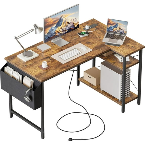 Small L Shaped Computer Desk with Power Outlets, Gaming for Spaces ...