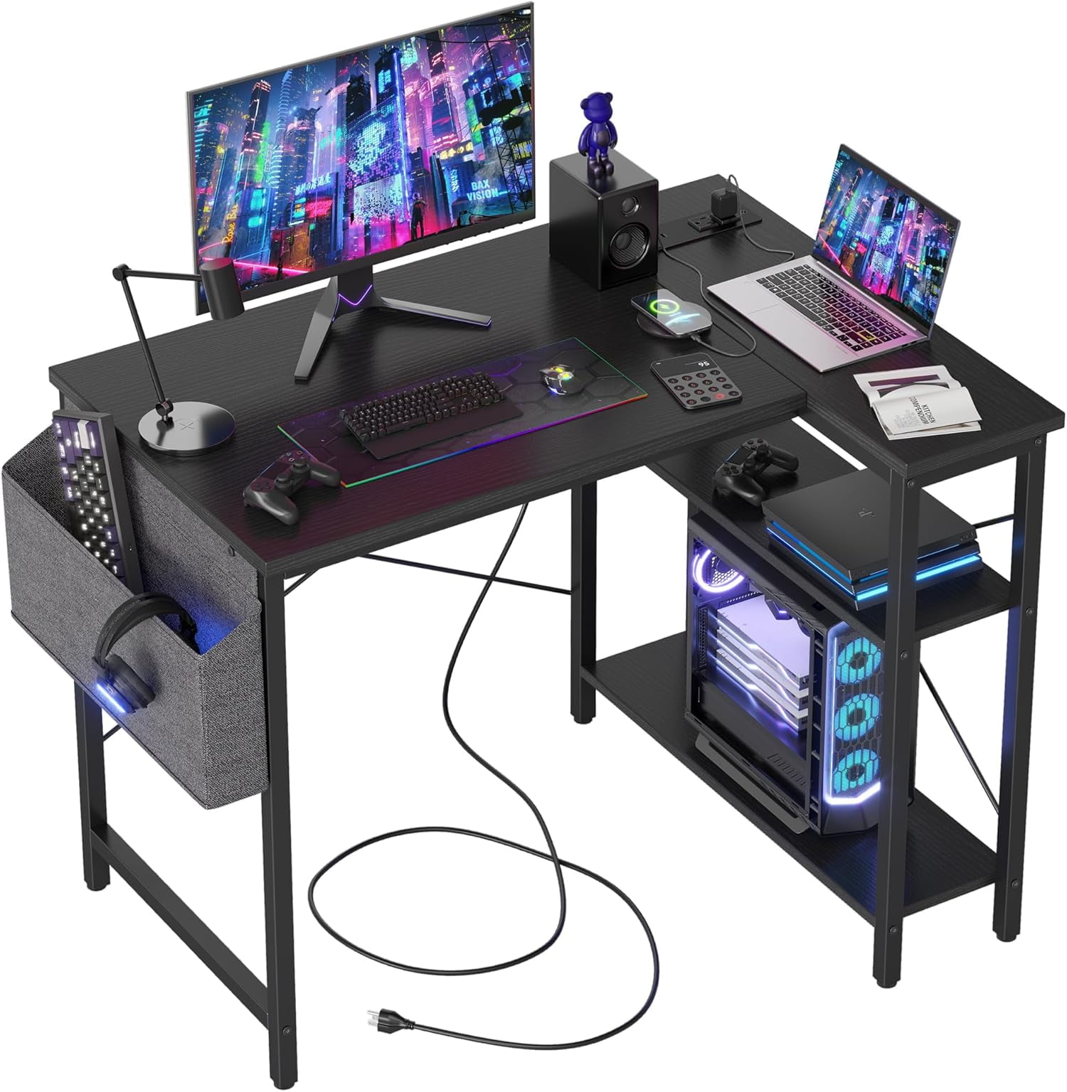 Small L Shaped Computer Gaming Corner Desk with Power Outlets ...