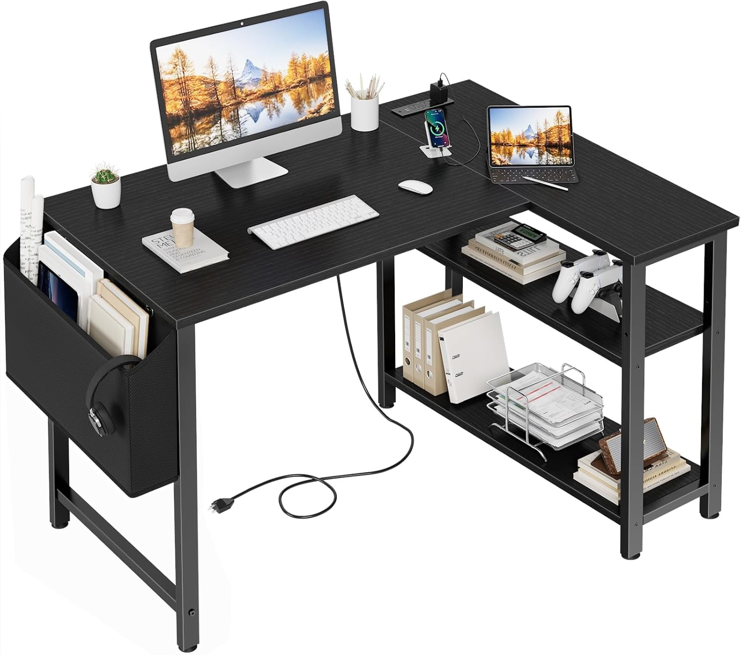 Small L Shaped Desk with Power Outlet Shelves, 40 Inch Corner Computer ...