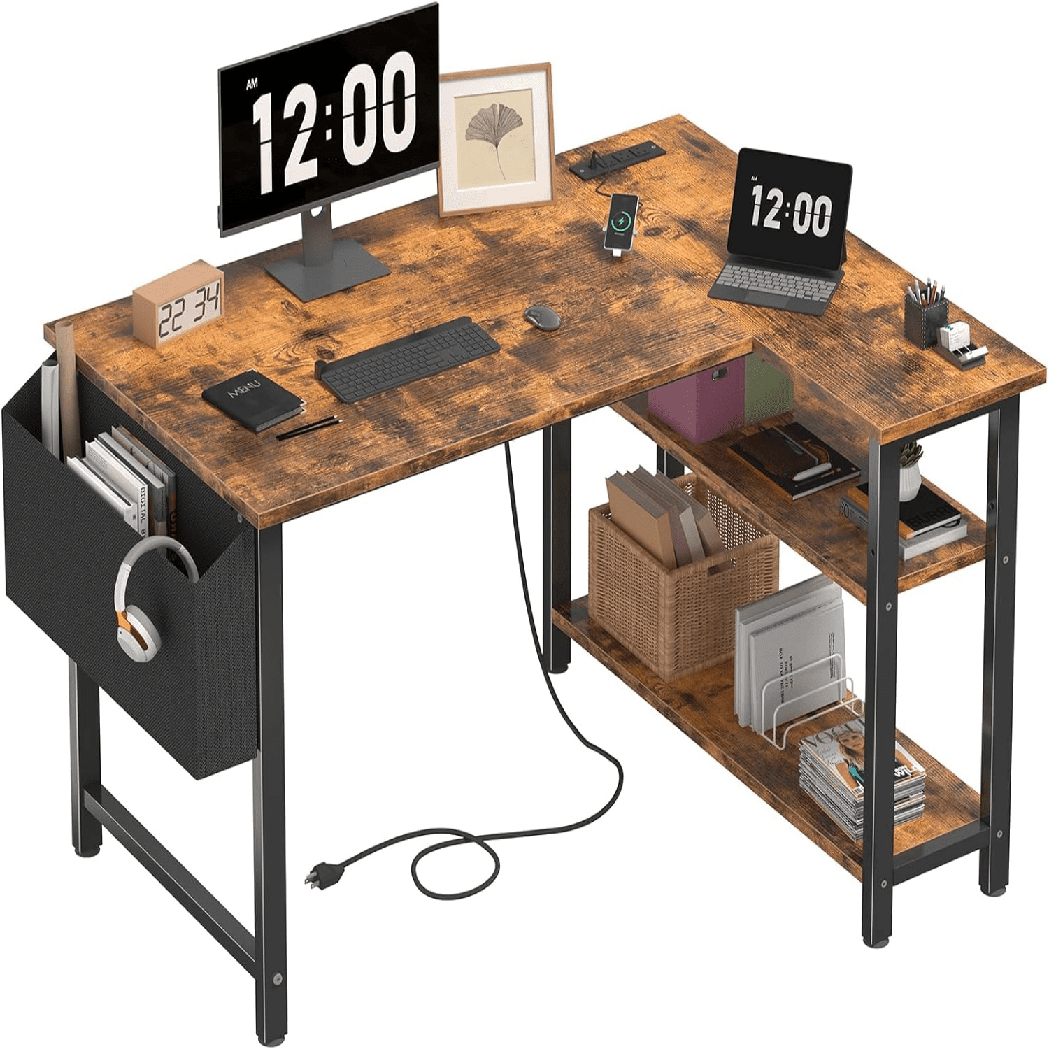 Small L Shaped Desk with Power Outlet Shelves 40 Inch Corner Desk for ...