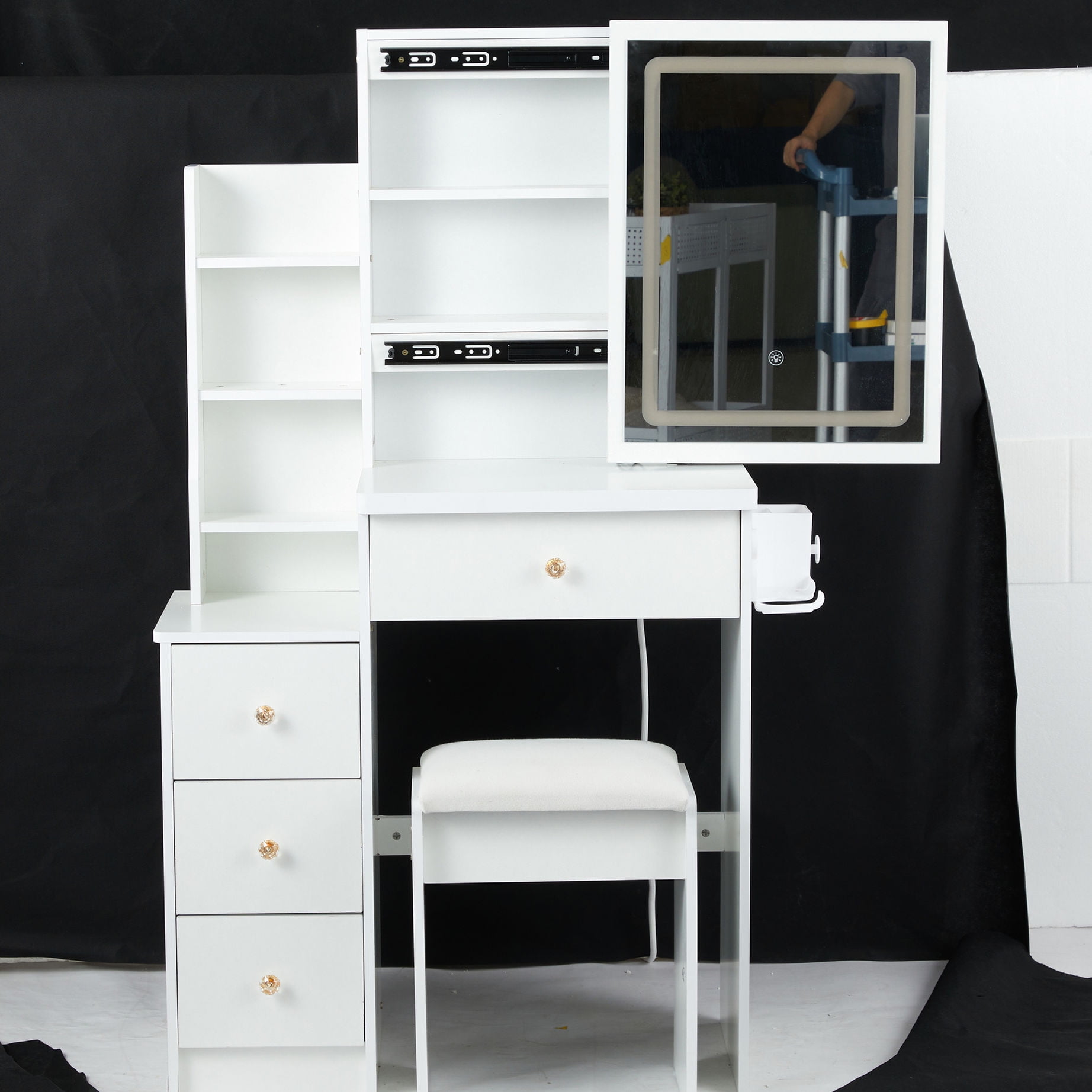 Small Left Bedside Vanity Table and Stool Combo | Adjustable LED Mirror ...