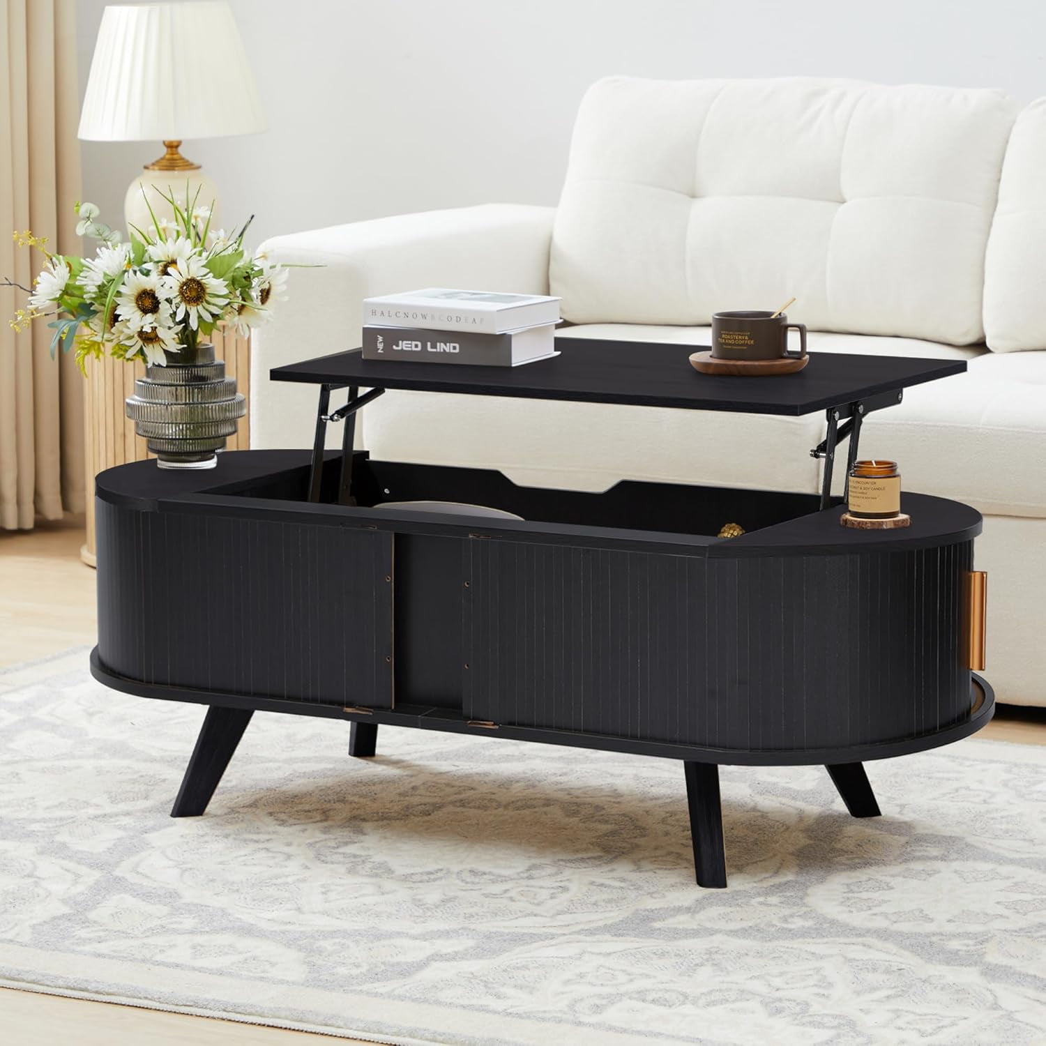 Small Lift Top Coffee Table with Sliding Tambour Door, 47.3" Mid ...