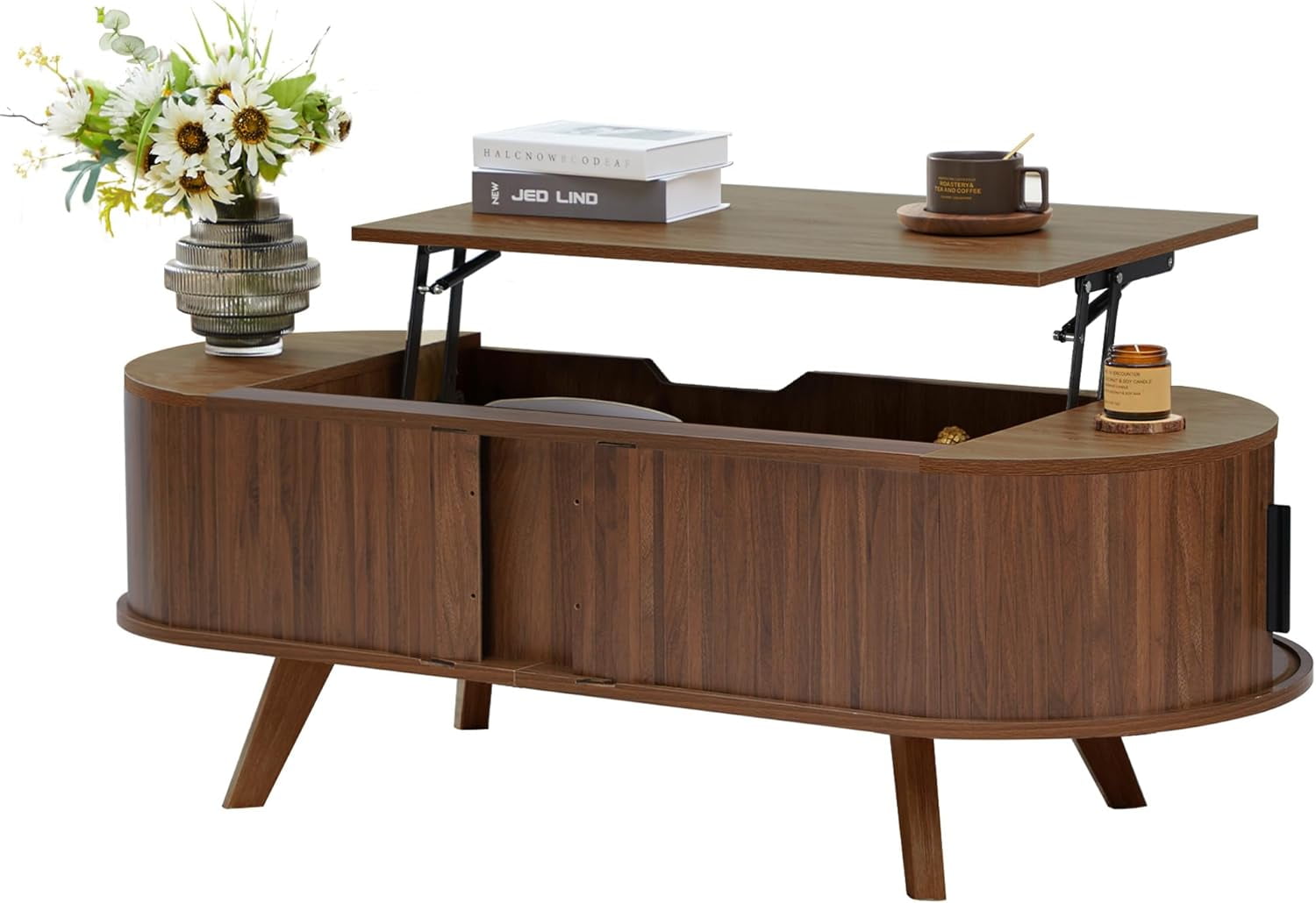 Small Lift Top Coffee Table with Sliding Tambour Door, 47.3" Mid ...