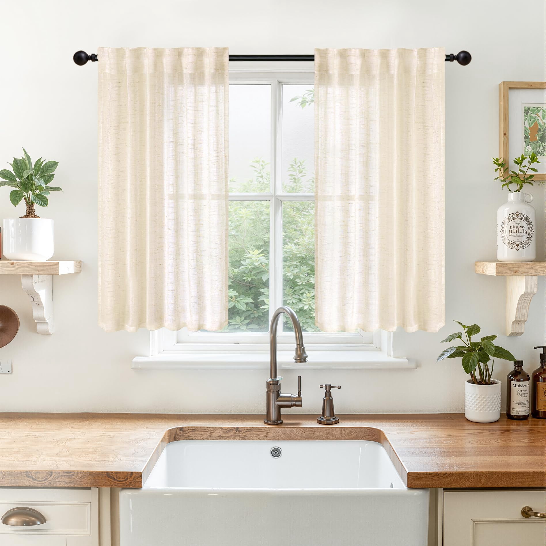 Small Linen Cafe Curtains 36 Inch Length Natural Semi Sheer Rod Pocket ...