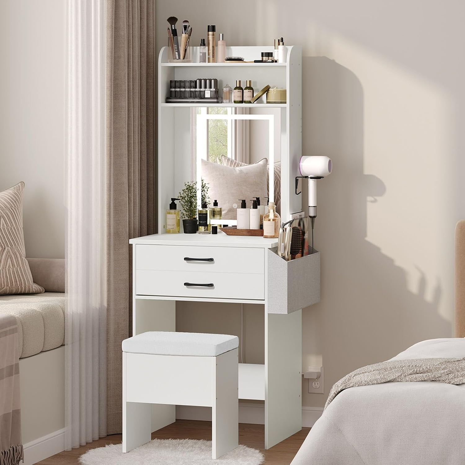 Small Makeup Vanity Desk with Mirror and Lights, White Vanity Table Set ...