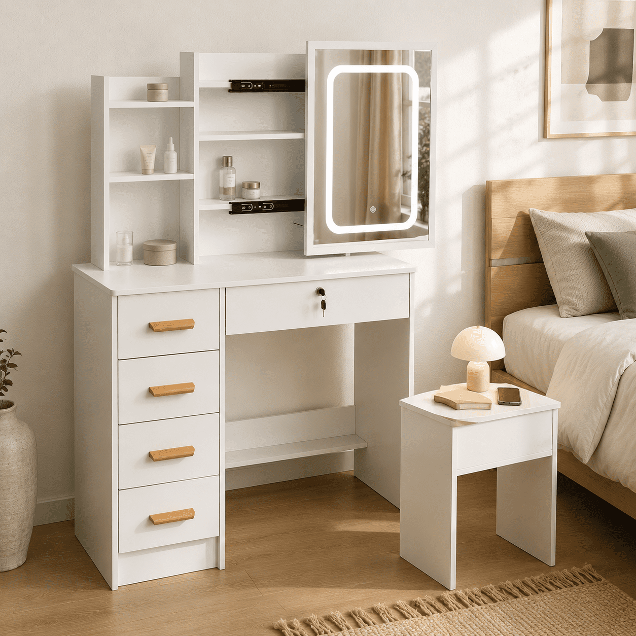 Small Makeup Vanity Desk, Mirror and LED Lights, Storage Chair Set ...