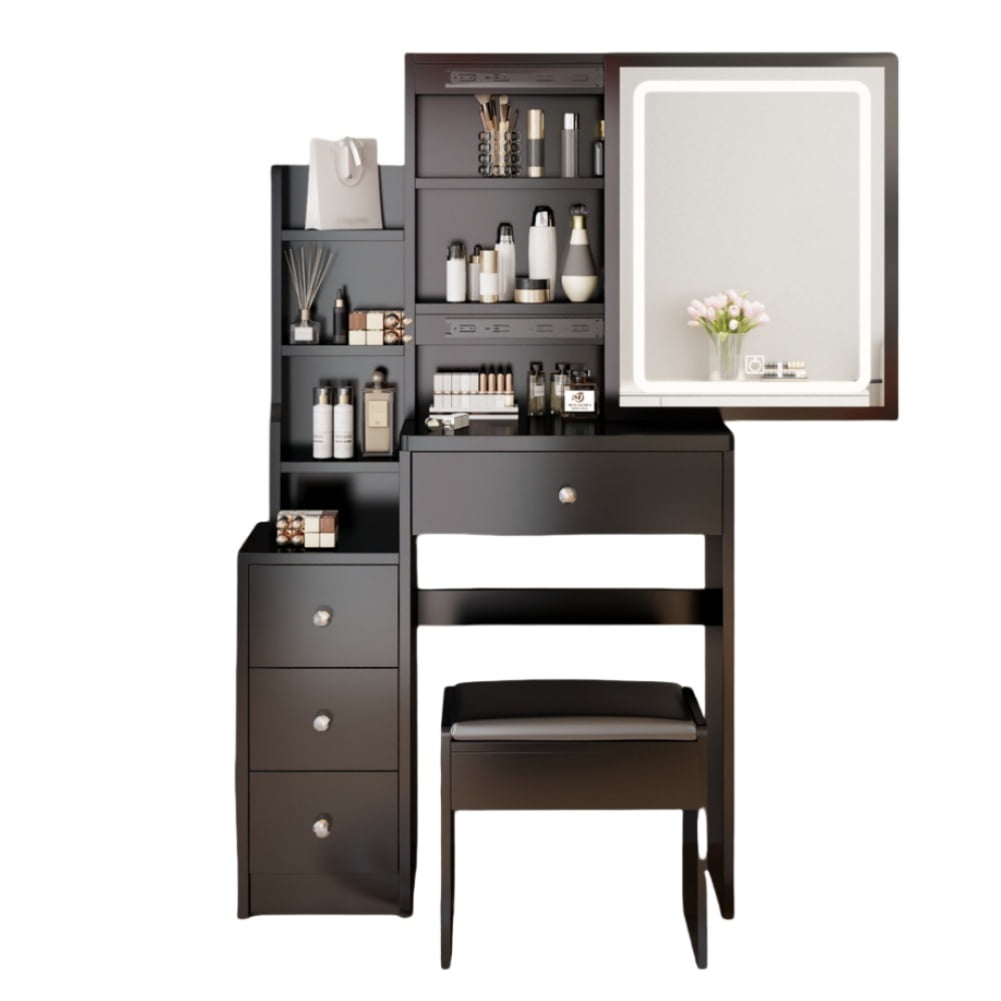 Small Makeup Vanity Desk With Sliding LED Mirror And Cushioned Stool, 3 ...