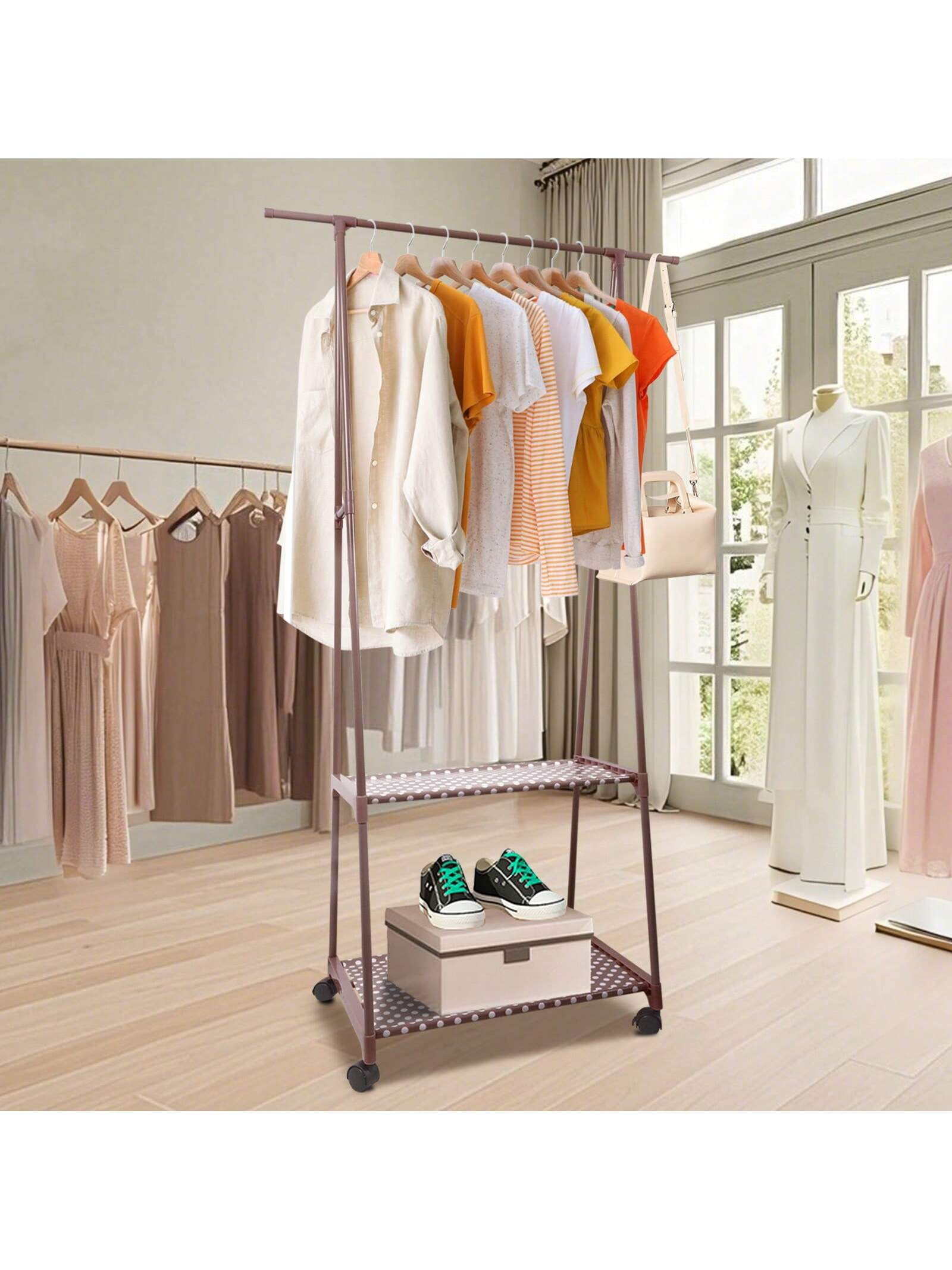 Small Metal Garment Rack with Shelves – Rolling Clothing Rack on Wheels ...