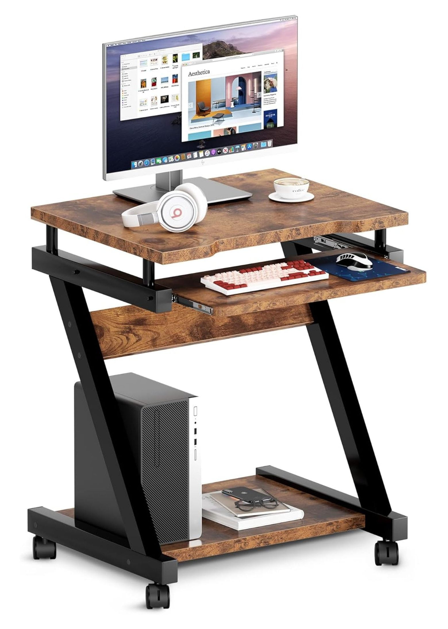 Small Mobile Computer Desk with Keyboard Tray, Z-Shaped Compact Study ...