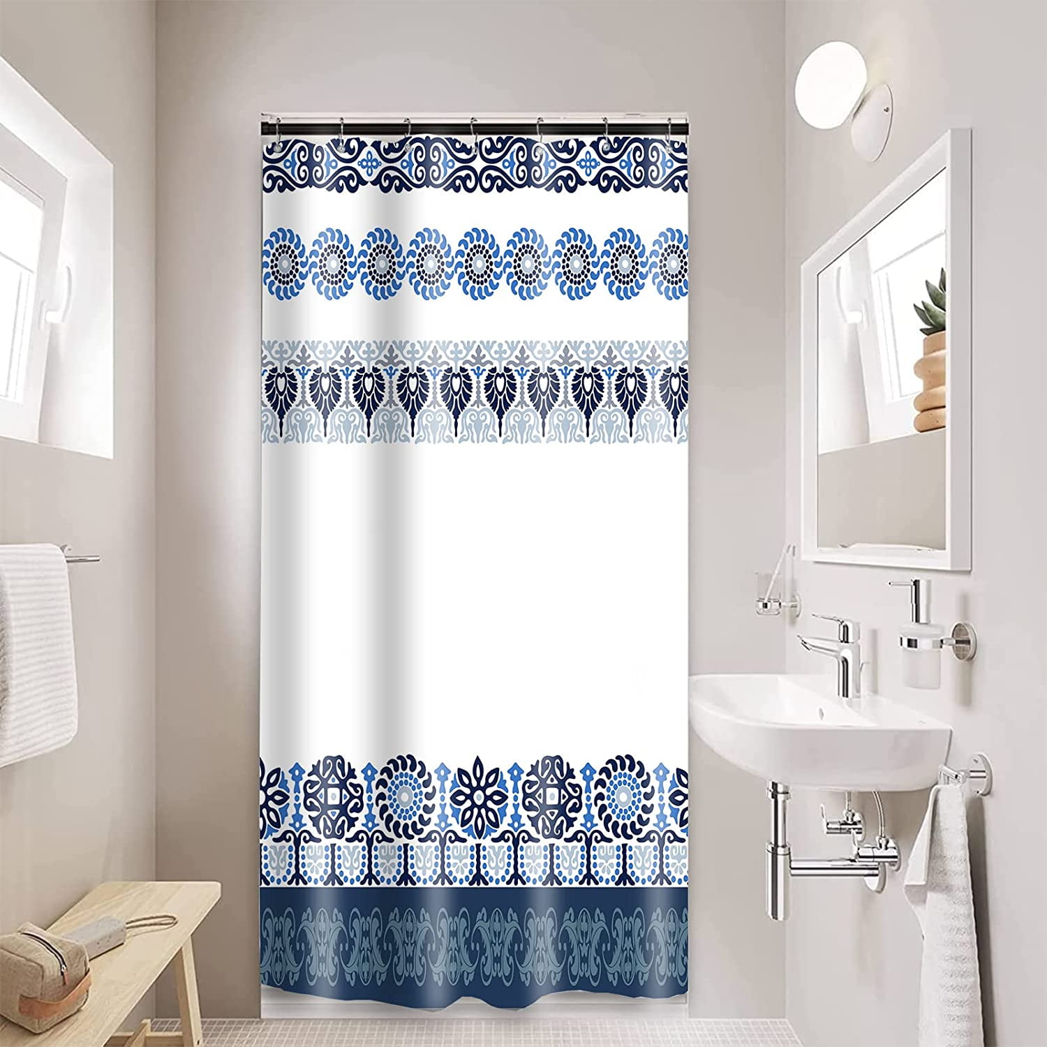 Small Narrow 36"x72" Bobo Navy Shower Curtain Set Modern Farmhouse Bath ...