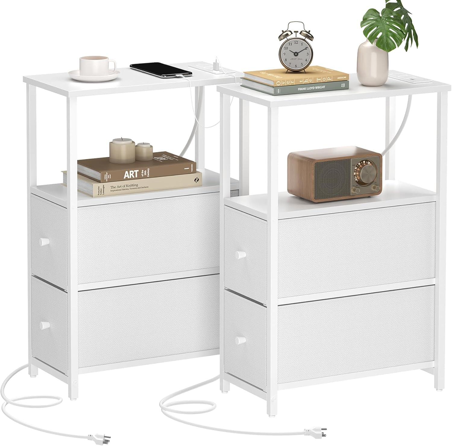Small Narrow End Table with Charging Station, Set of 2, Side Table with ...