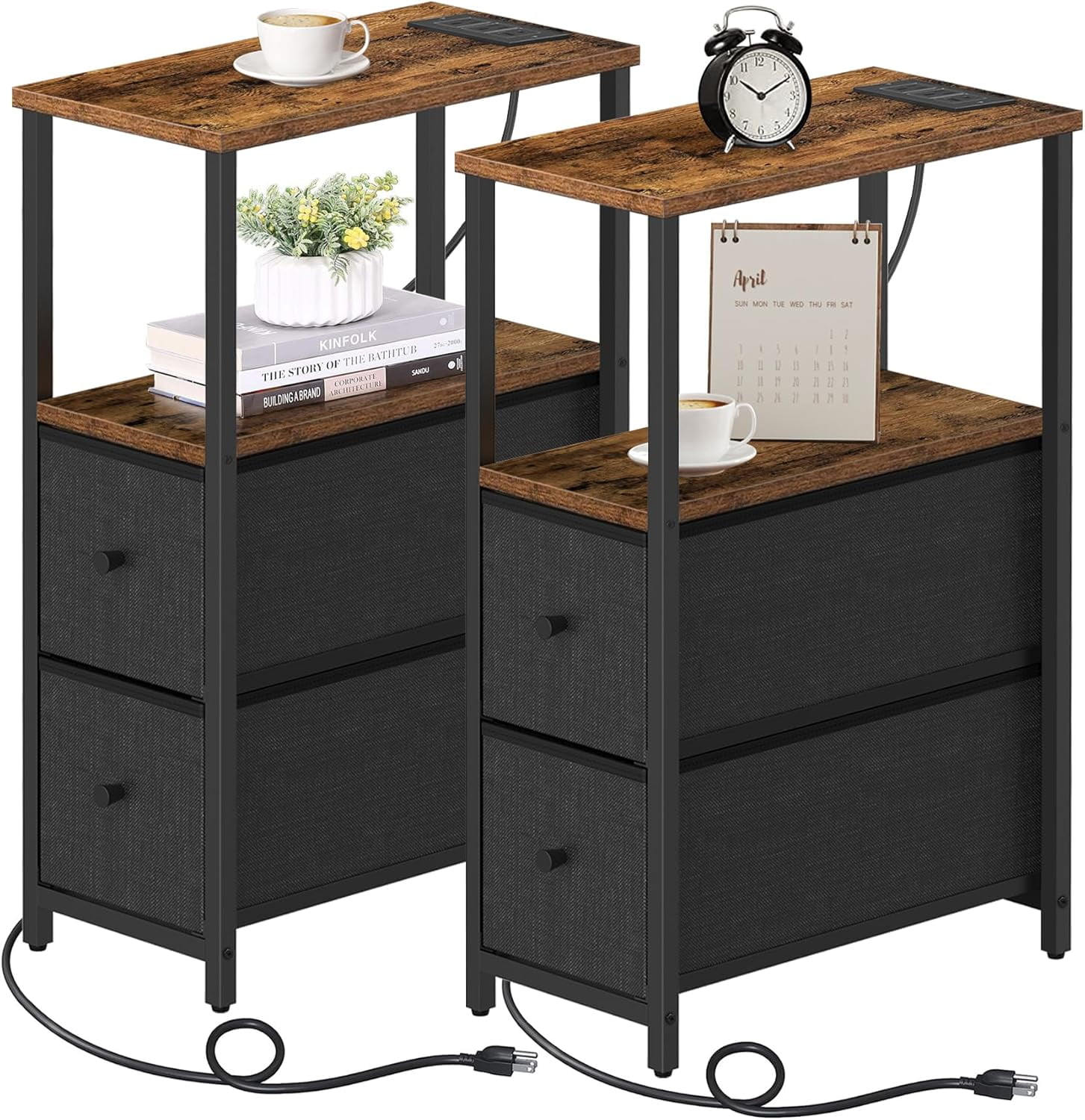 Small Narrow End Table with Charging Station, Set of 2, Side Table with ...