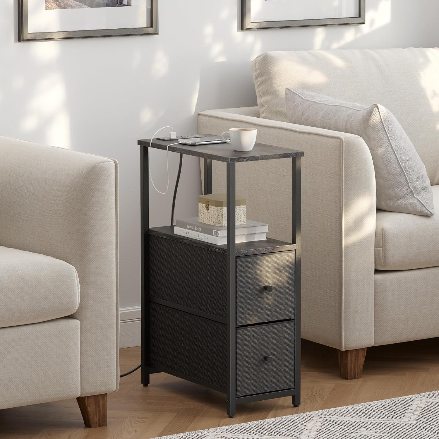 Small Narrow End Table with Charging Station, Set of 2, Side Table with ...