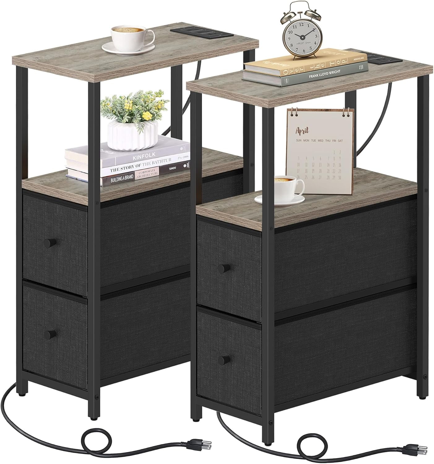 Small Narrow End Table with Charging Station, Set of 2, Side Table with ...