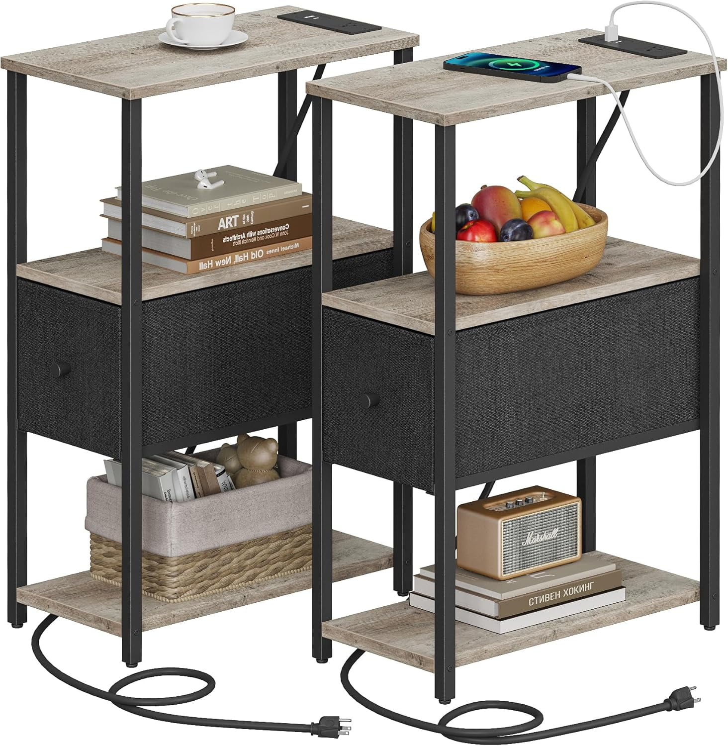 Small Narrow End Table with Charging Station, Set of 2, Side Table with ...