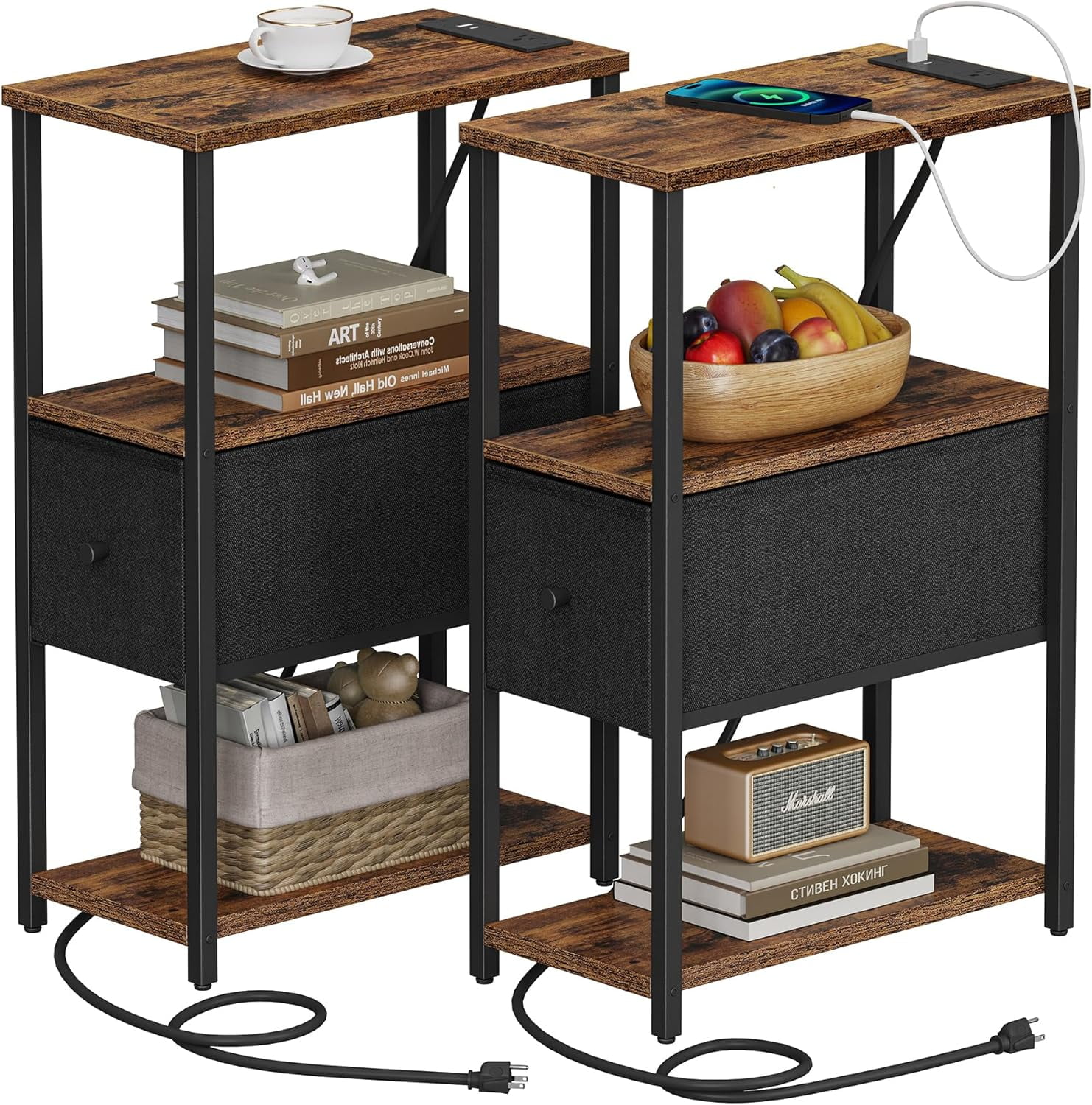 Small Narrow End Table with Charging Station, Set of 2, Side Table with ...