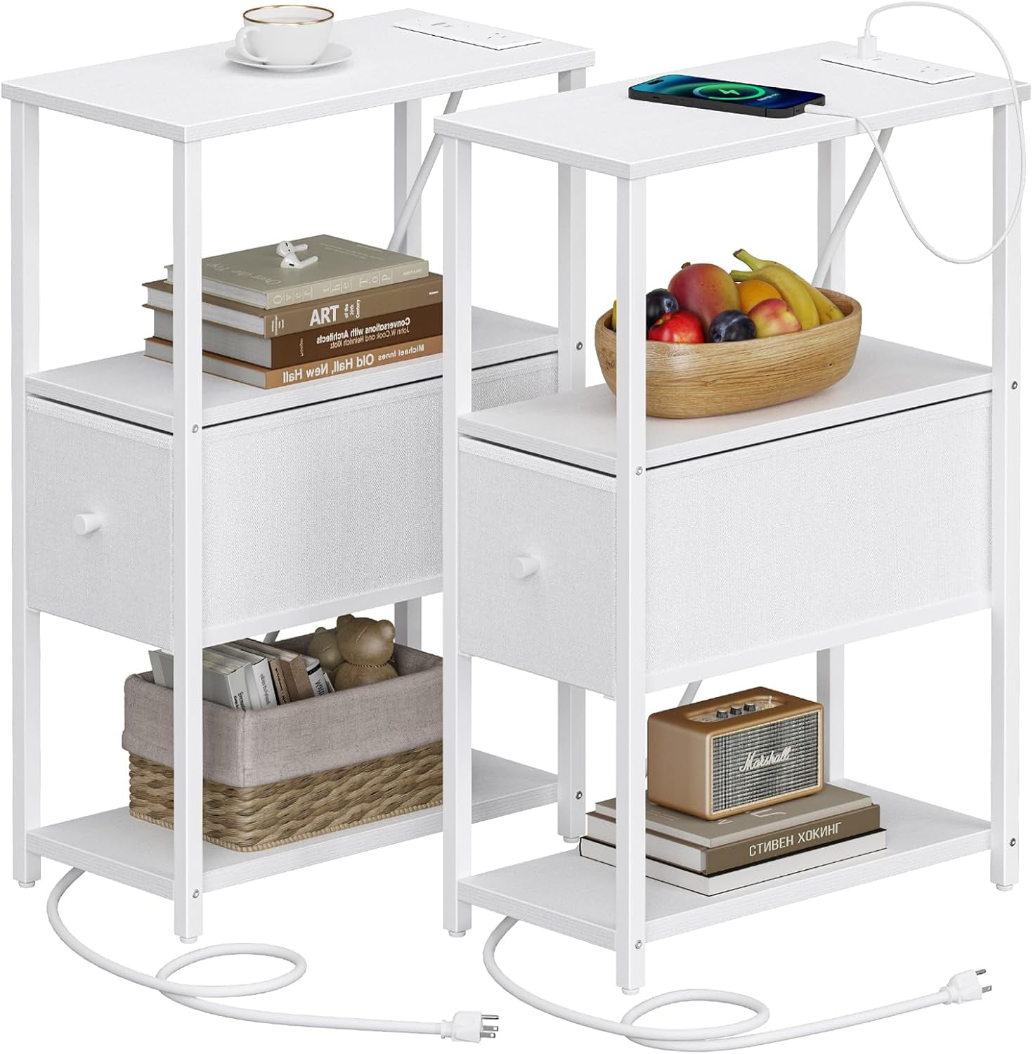 Small Narrow End Table with Charging Station, Set of 2, Side Table with ...