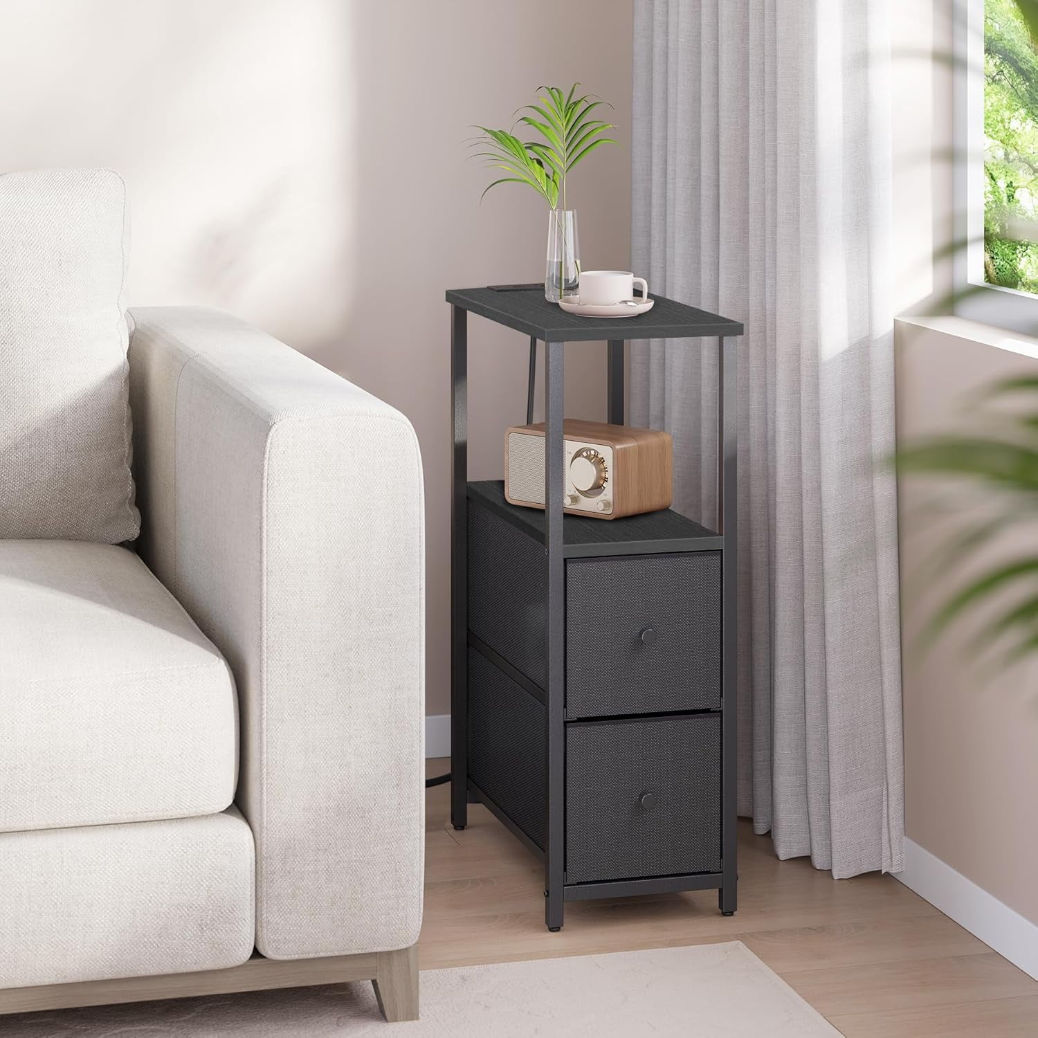 Small Narrow End Table with Charging Station, Side Table with Outlets ...