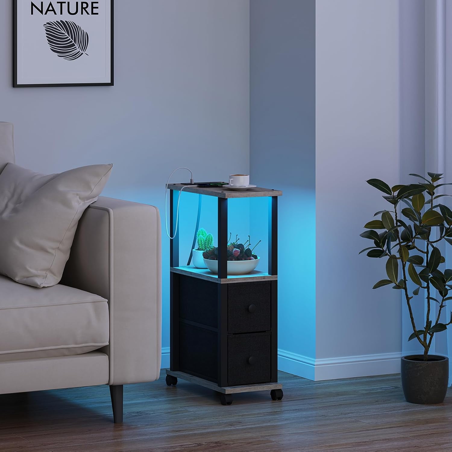 Small Narrow End Tables, LED Side Tables with 2 Fabric Drawers, Set of ...