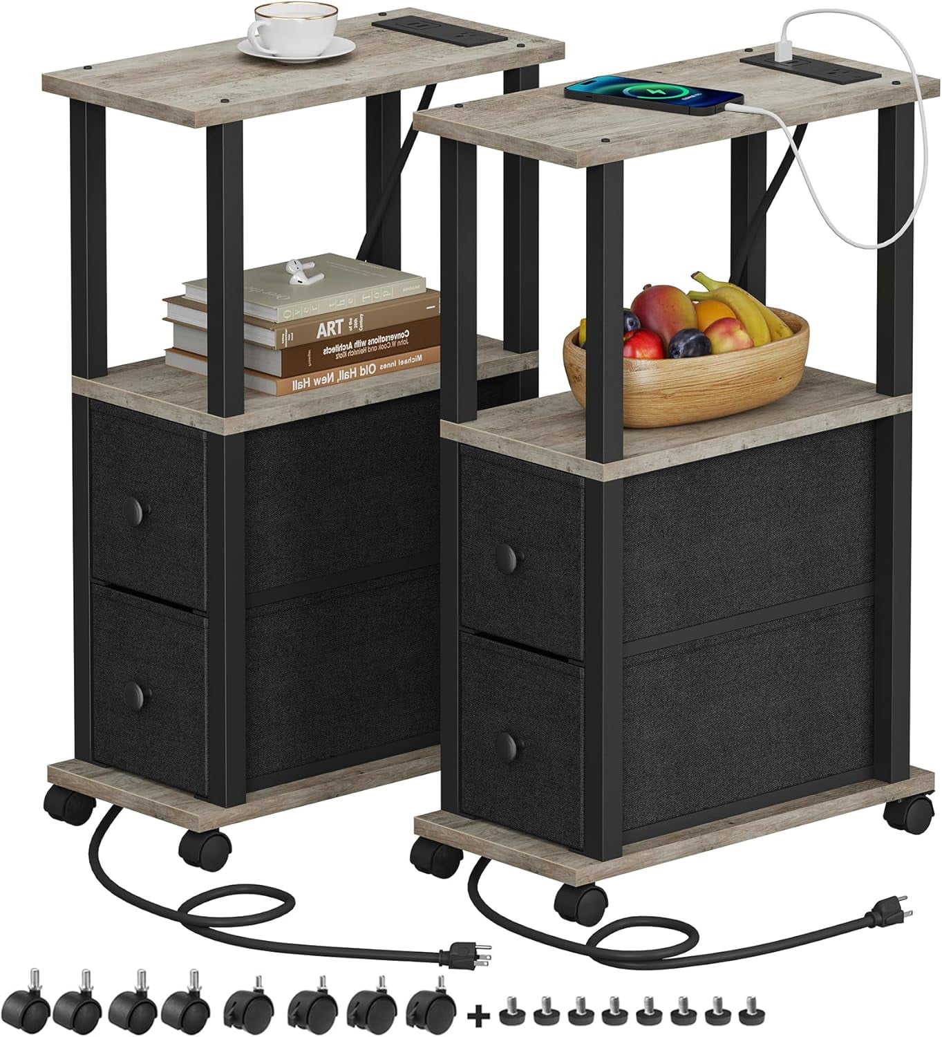 Small Narrow End Tables, Side Tables with 2 Fabric Drawers, Set of 2 ...