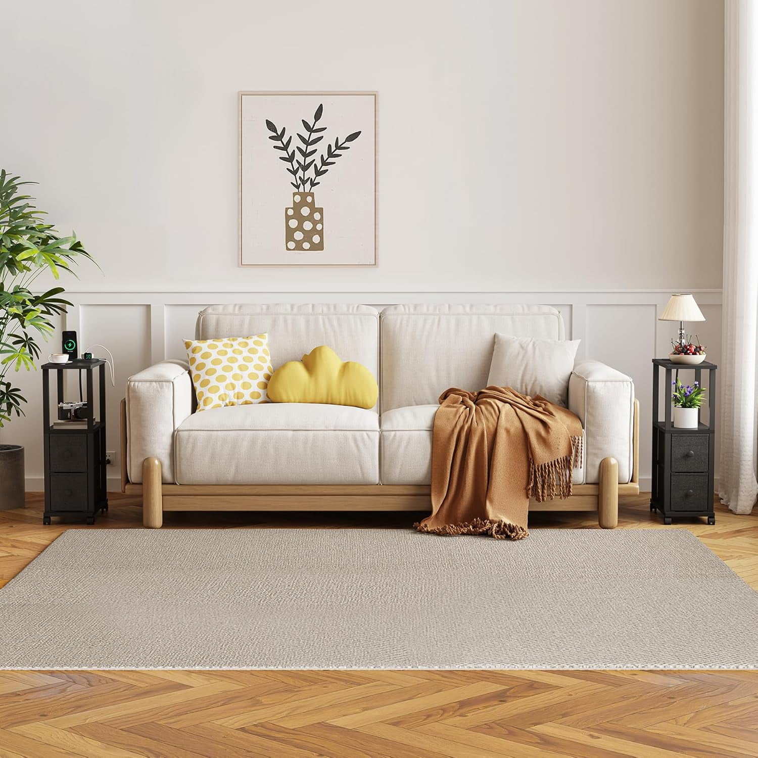 Small Narrow End Tables, Side Tables with 2 Fabric Drawers, Set of 2 ...