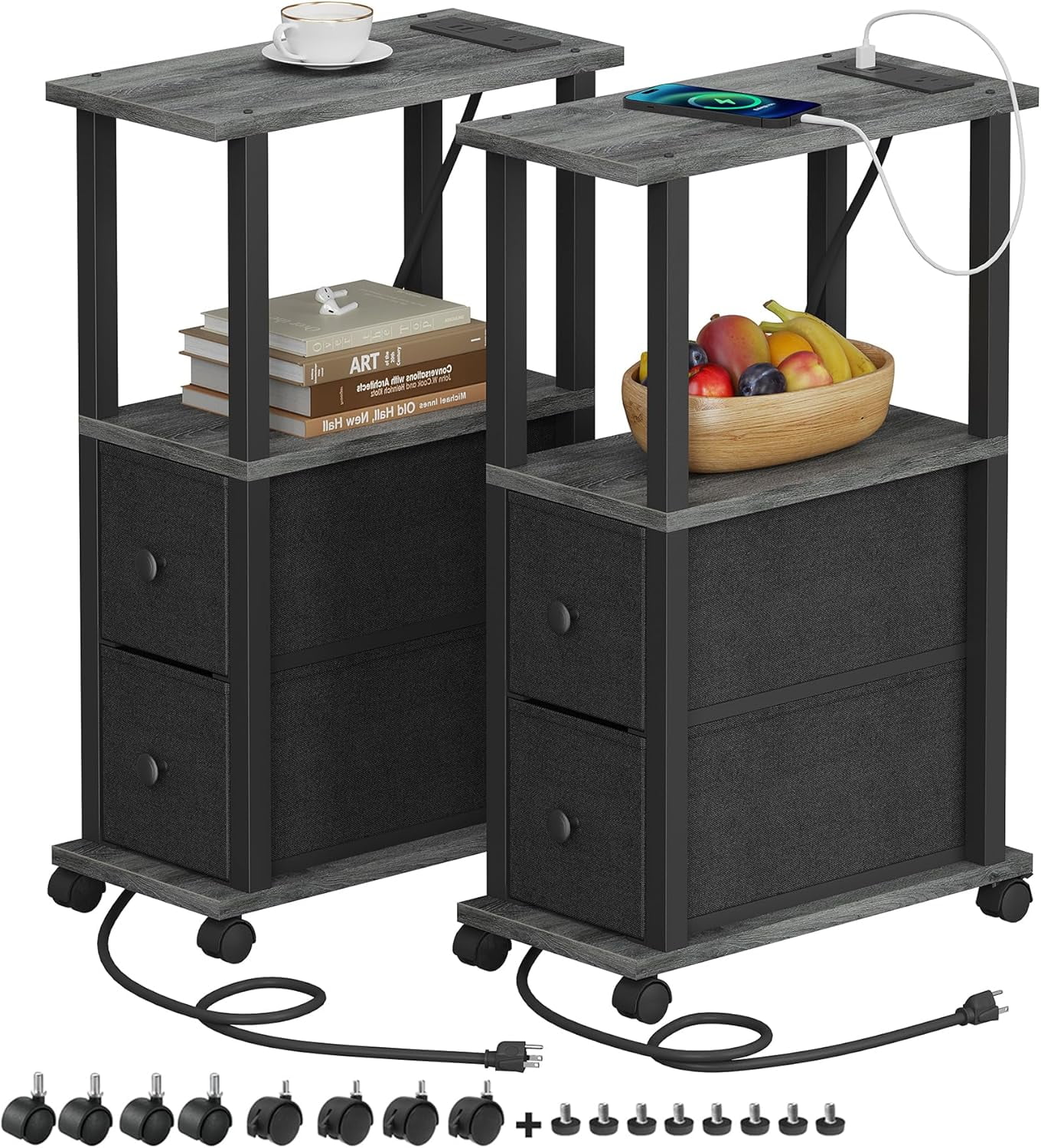Small Narrow End Tables, Side Tables with 2 Fabric Drawers, Set of 2 ...