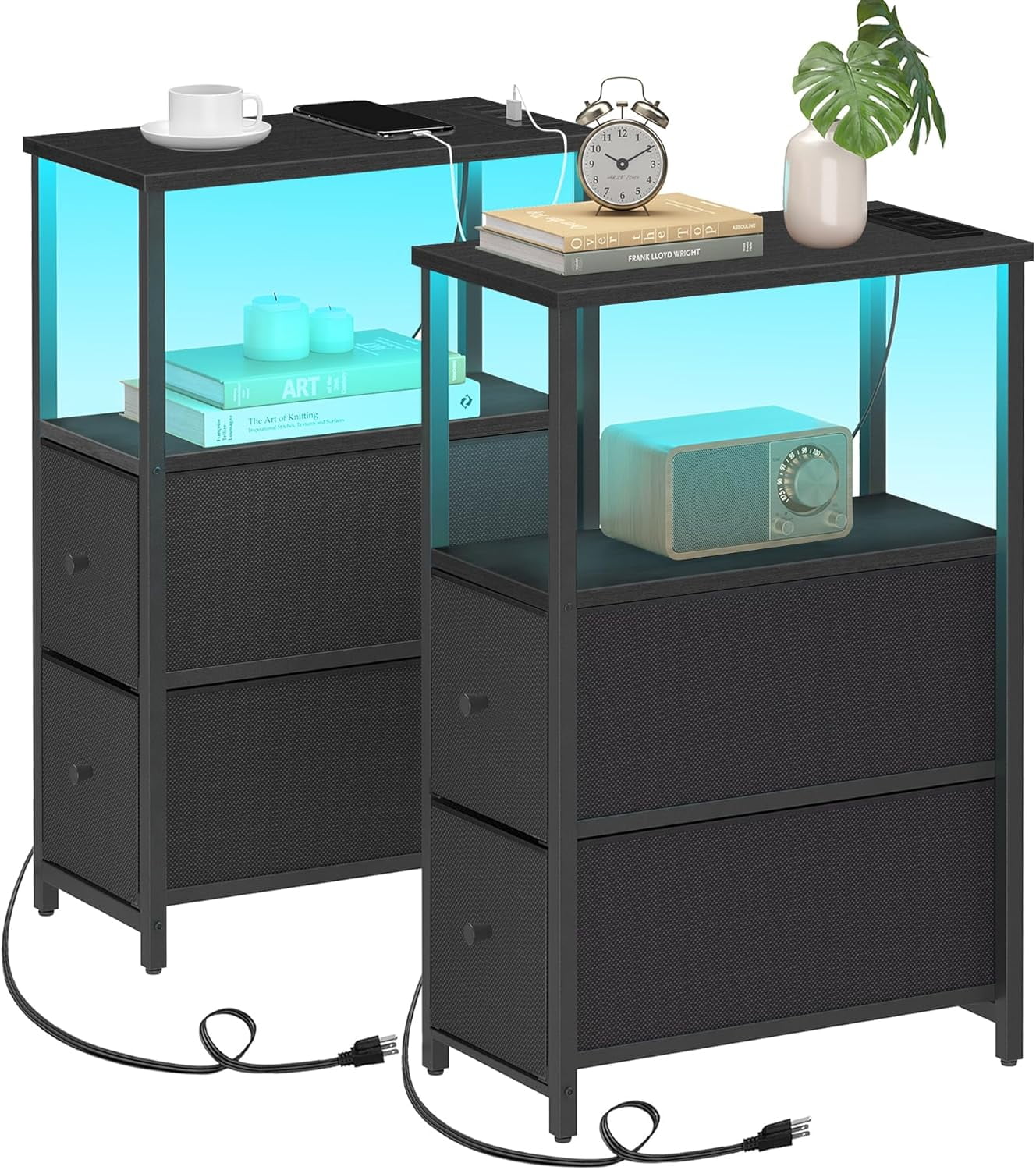 Small Narrow LED End Table with Charging Station, Side Table Outlets ...