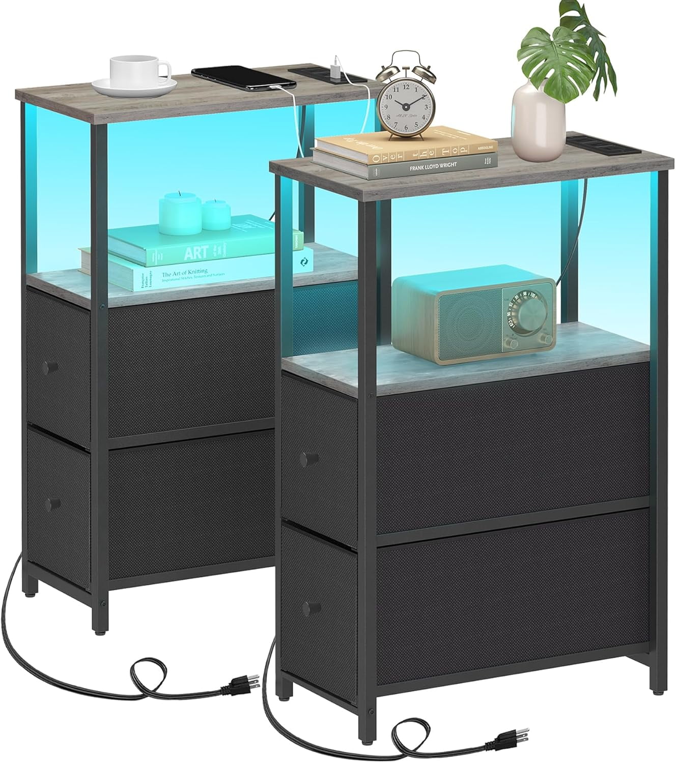 Small Narrow LED End Table with Charging Station, Side Table Outlets ...