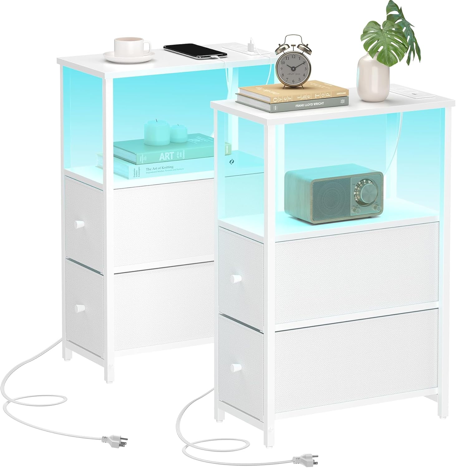 Small Narrow LED End Table with Charging Station, Side Table Outlets ...