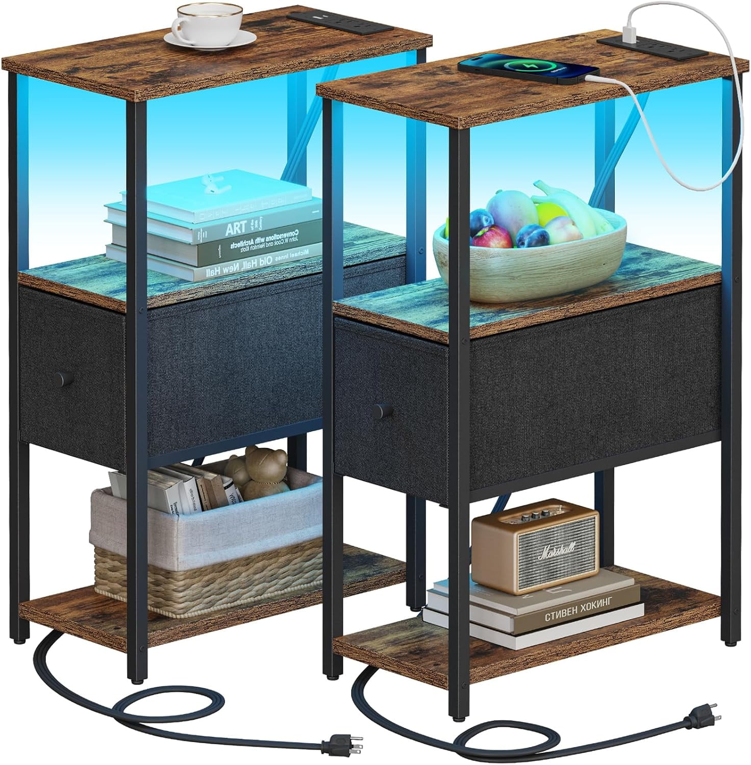 Small Narrow LED End Table with Charging Station, Side Table Outlets ...