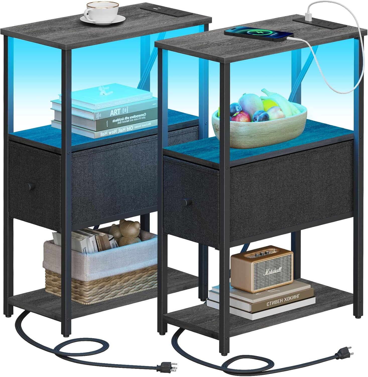 Small Narrow LED End Table with Charging Station, Side Table Outlets ...