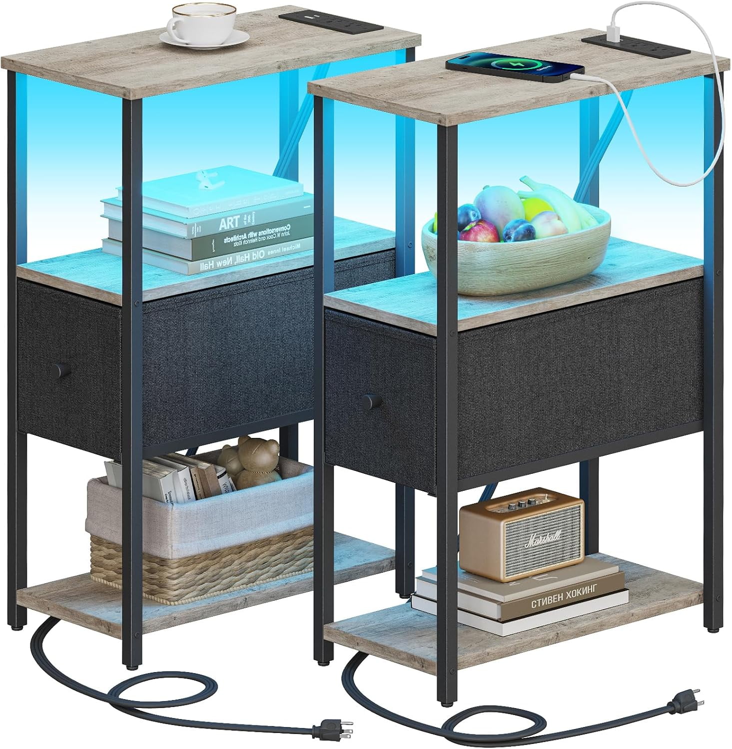 Small Narrow LED End Table with Charging Station, Side Table Outlets ...