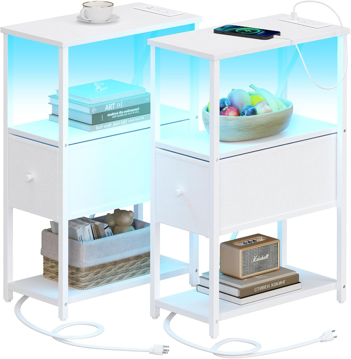 Small Narrow LED End Table with Charging Station, Side Table Outlets ...