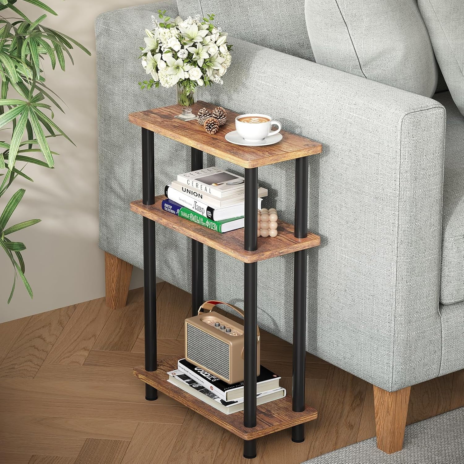 Small Narrow Side Table, 3-Tier Skinny End Table with Storage Shelf ...
