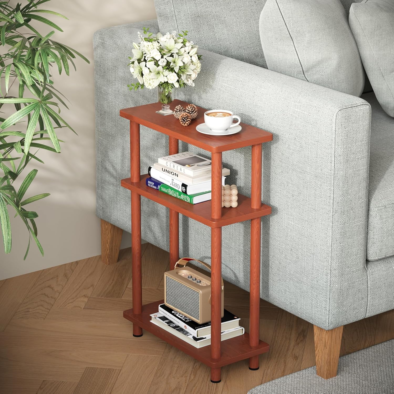 Small Narrow Side Table, 3-Tier Skinny End Table with Storage Shelf ...