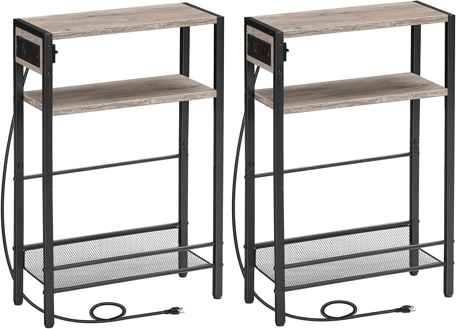 Small Narrow Side Table with Charging Station Set of 2, Skinny End ...