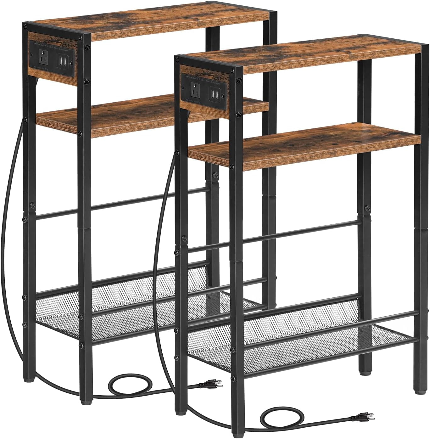 Small Narrow Side Table with Charging Station Set of 2, Skinny End ...