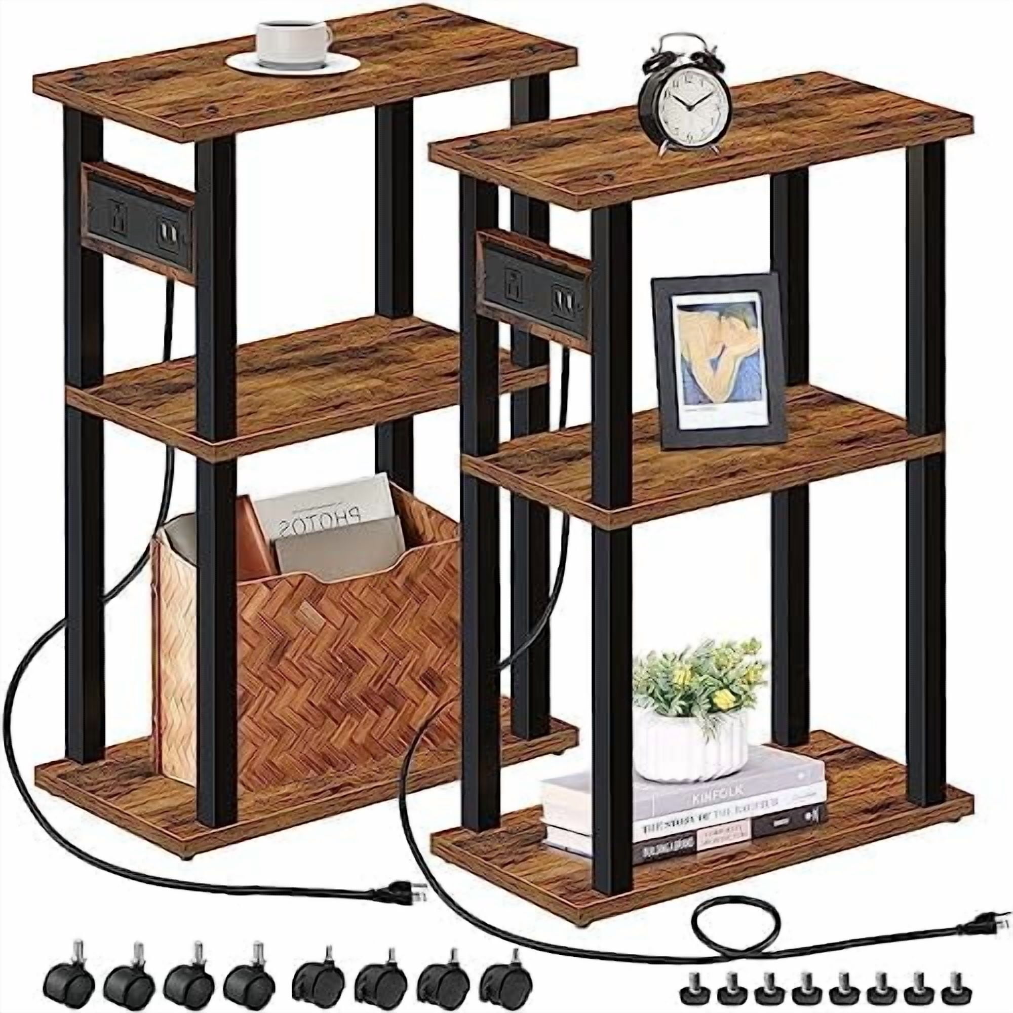 Small Narrow Side Table with Charging Station, Set of 2 Skinny End ...