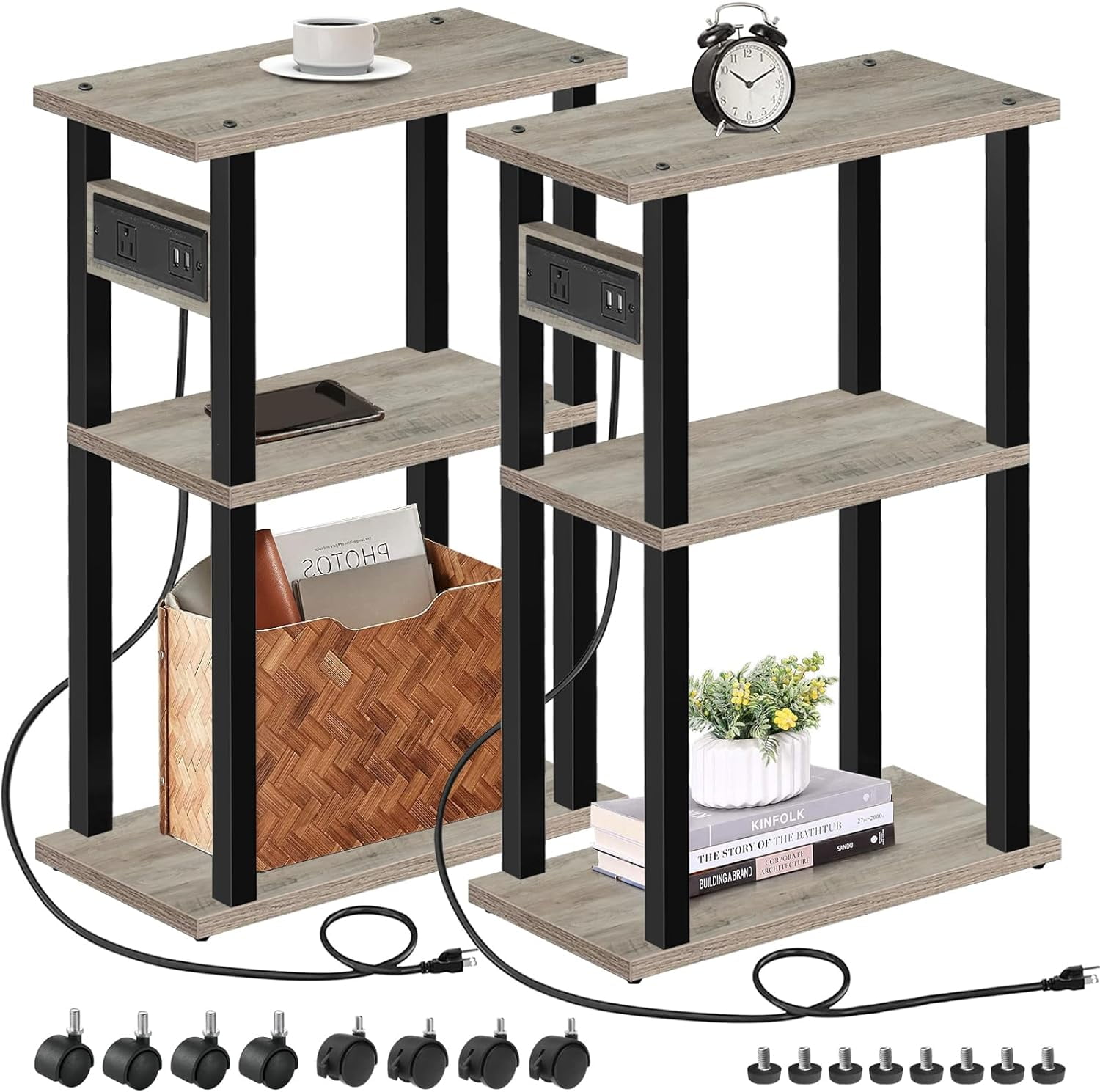 Small Narrow Side Table with Charging Station, Set of 2 Skinny End ...