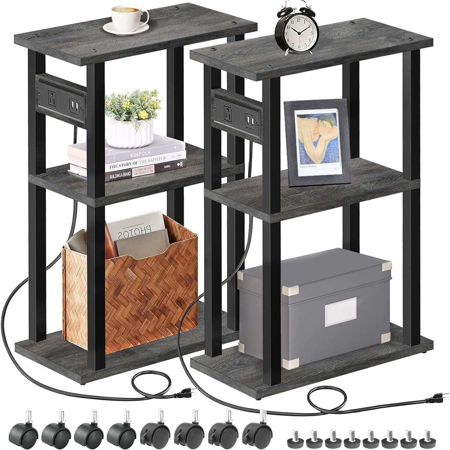 Small Narrow Side Table with Charging Station, Set of 2, Skinny End ...