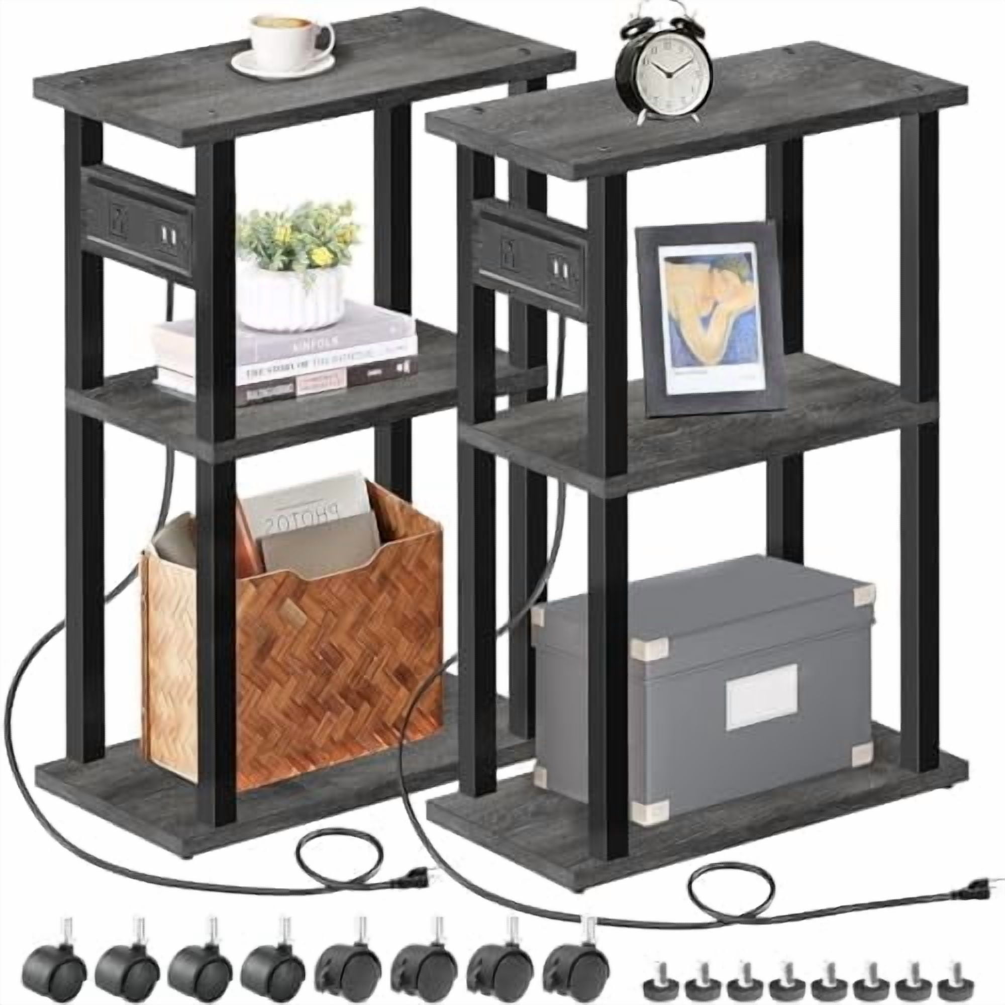 Small Narrow Side Table with Charging Station, Set of 2, Skinny End ...