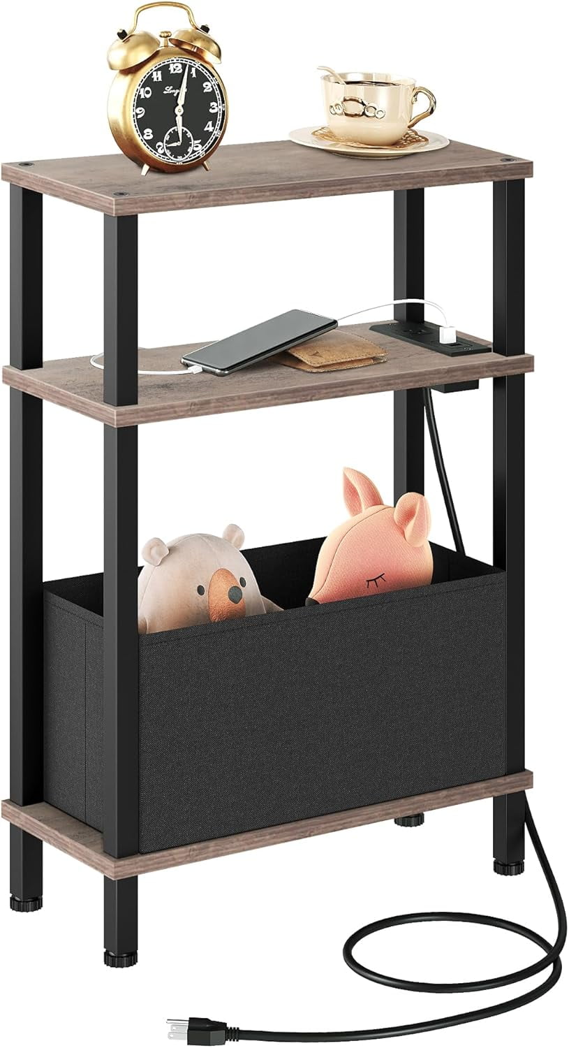 Small Narrow Side Table with Charging Station, Skinny End Table with ...