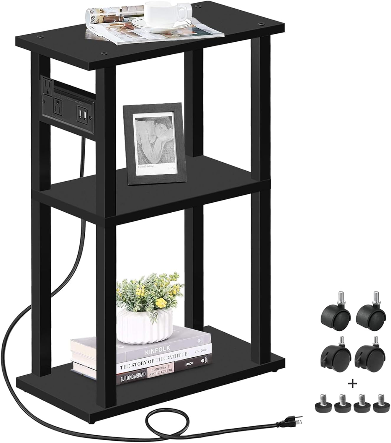 Small Narrow Side Table with Charging Station, Skinny End Table for ...