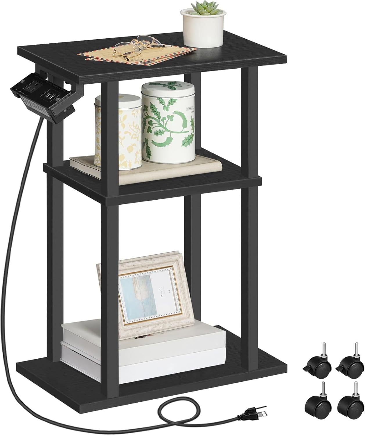 Small Narrow Side Table with Charging Station, Skinny End Table for ...