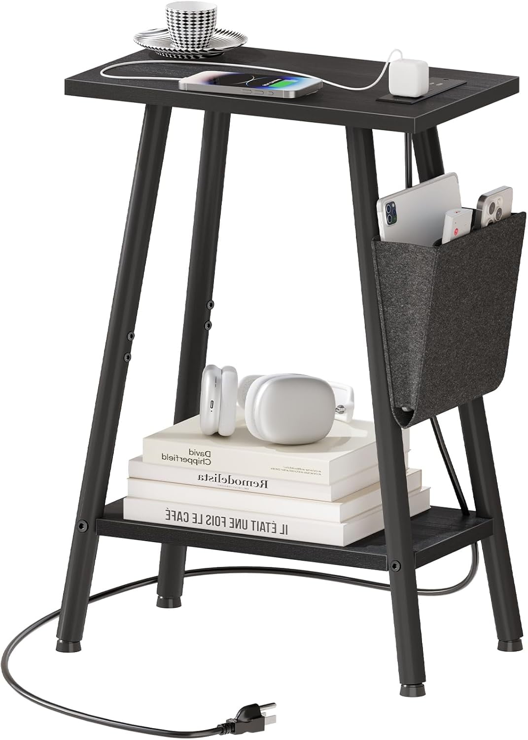 Small Narrow Side Table with Charging Station | Skinny End Table with ...