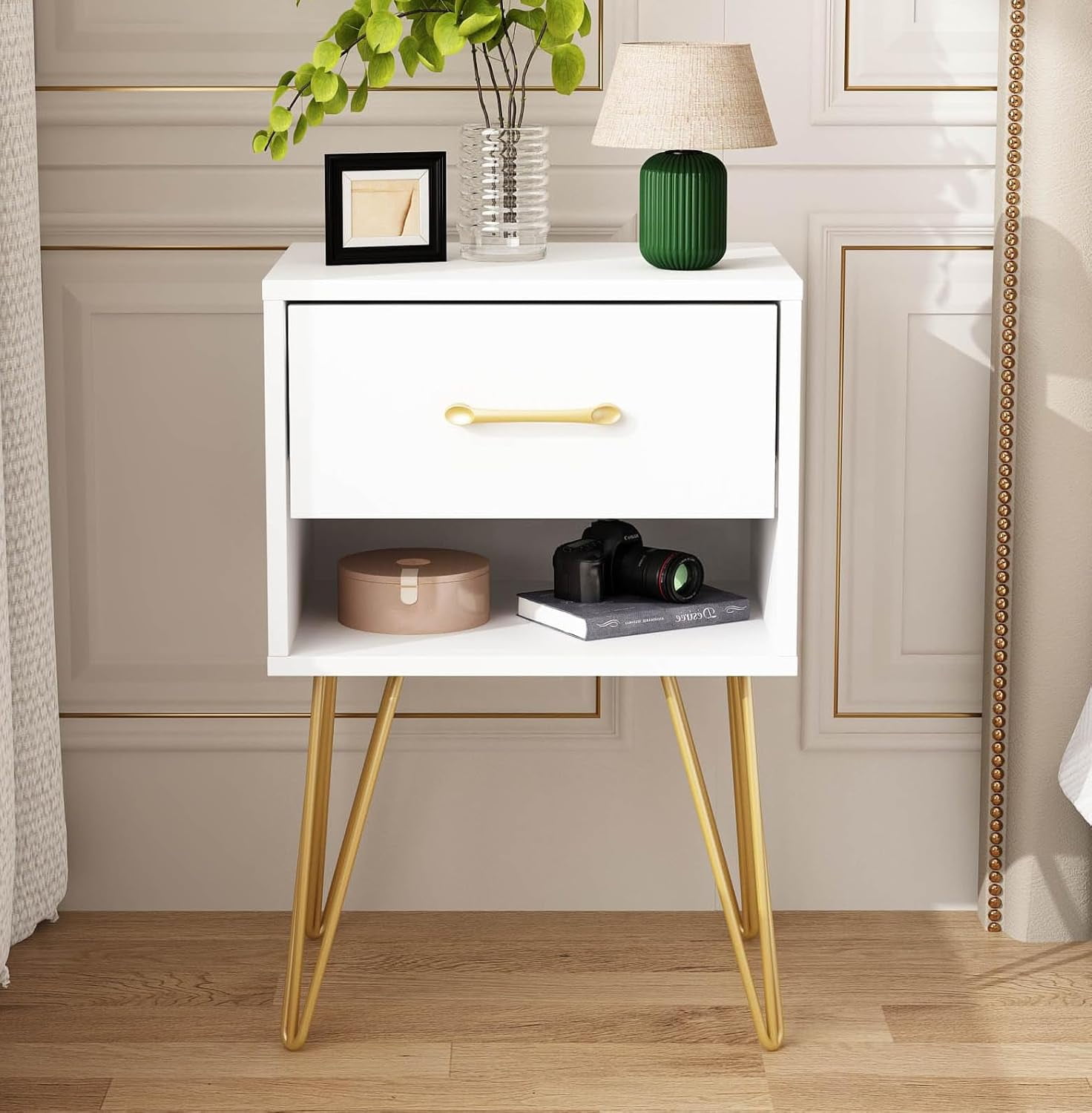 Small Night Stand, Bedside Table with Open Shelf, Storage Drawer and ...