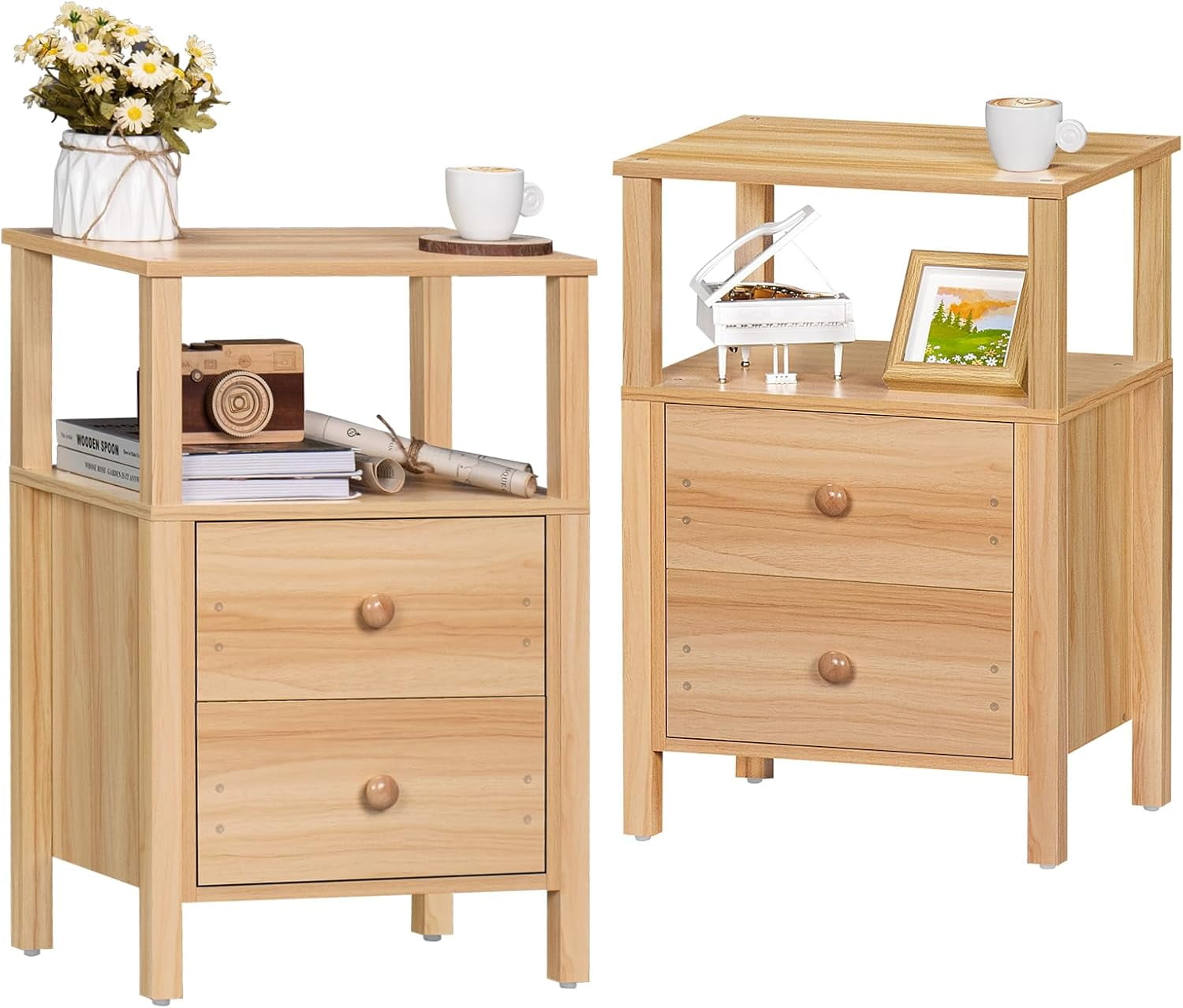Small Night Stand Set of 2, Boho Nightstand with 2 Wood Drawers and ...