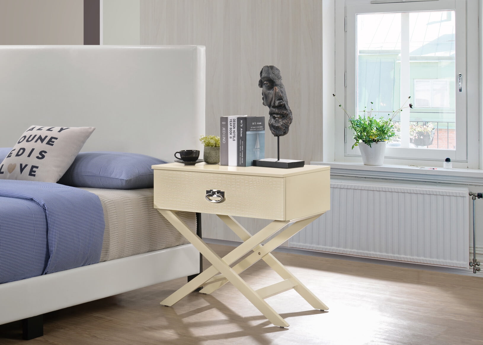 Small Nightstand with Drawer, Unique X-Frame Bedside Table with Croc ...