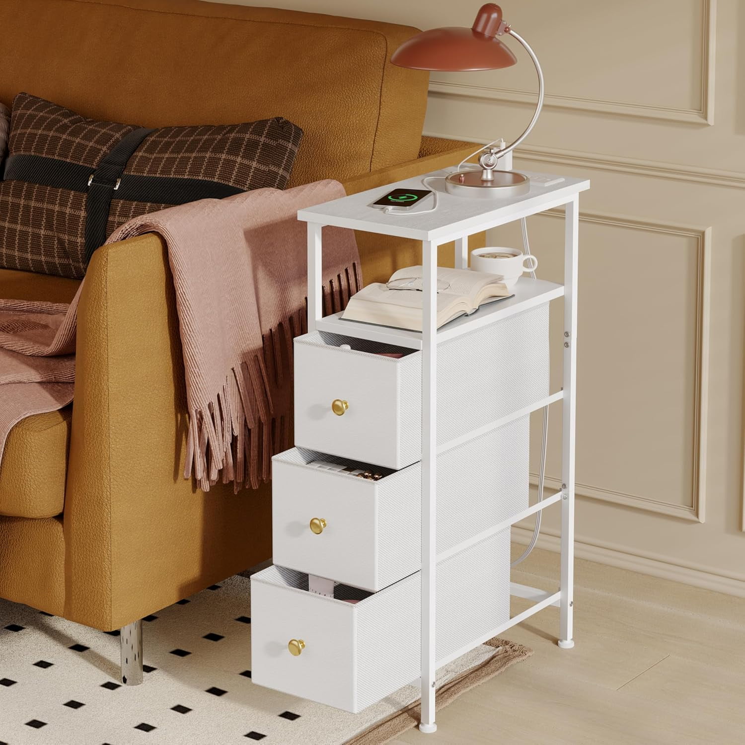 Small Nightstand Narrow White Dresser with Charging Station, Skinny ...